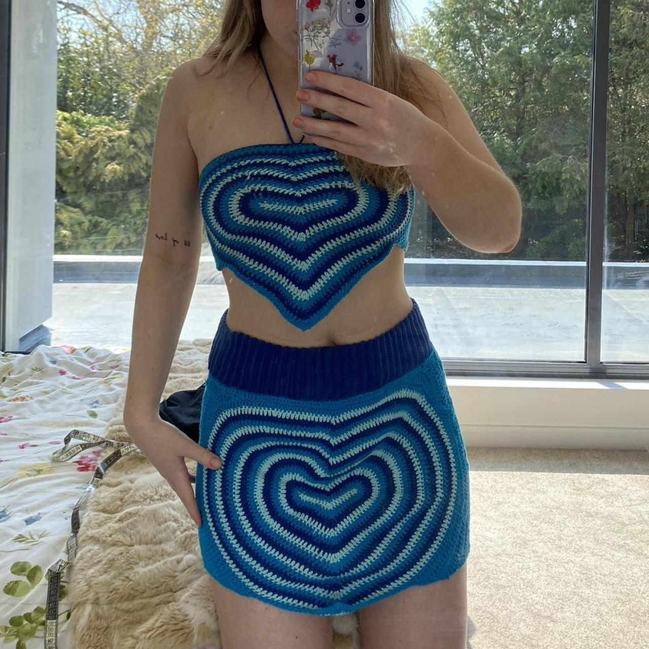 Crotchet two piece set Blue mini skirt and halter... - Depop