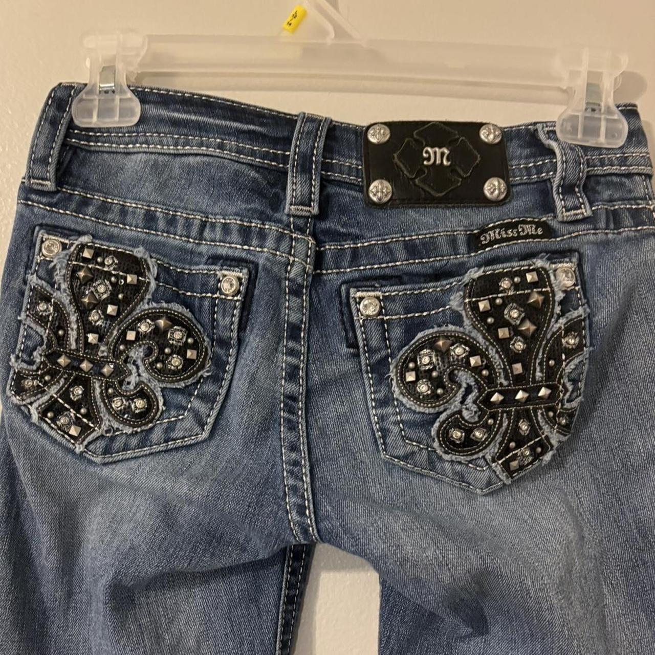 Skinny bootcut Miss Me bedazzled jeans. Bottom of... - Depop