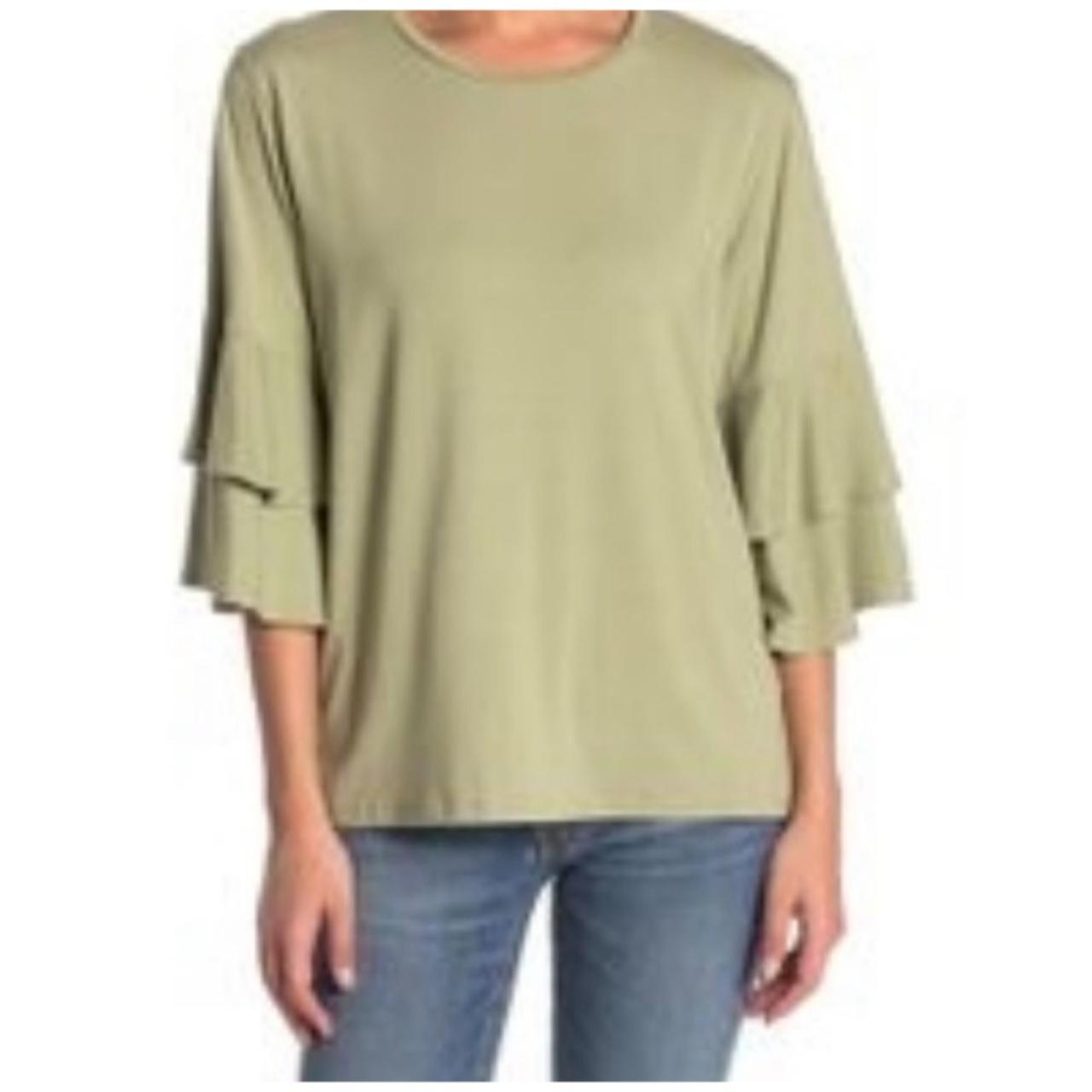 Frye Olive Green Ruffle Bell Sleeve Crew Neck... - Depop