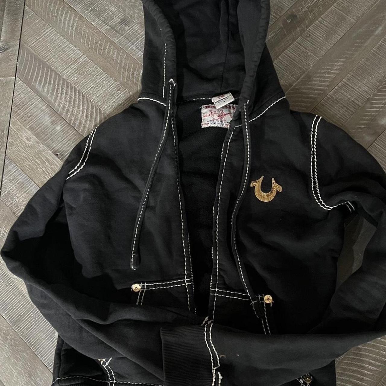 black true religion zip up hoodie w white stitching... - Depop