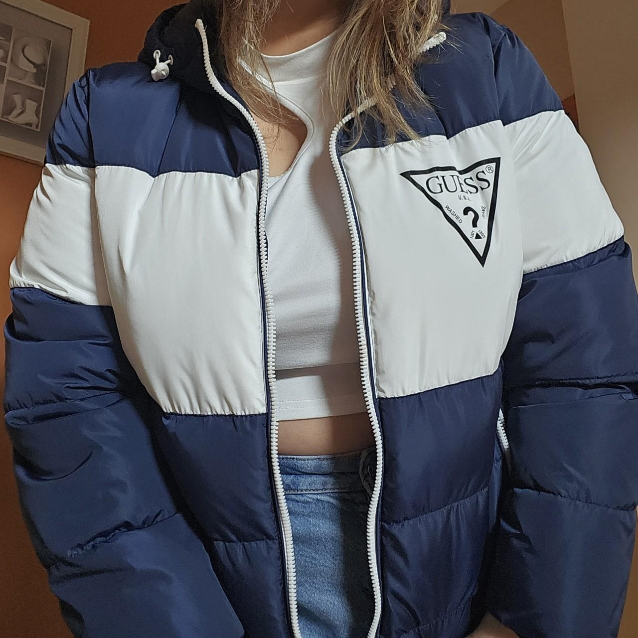 #Guess blue and white puffer jacket Sixe XL 29in... - Depop