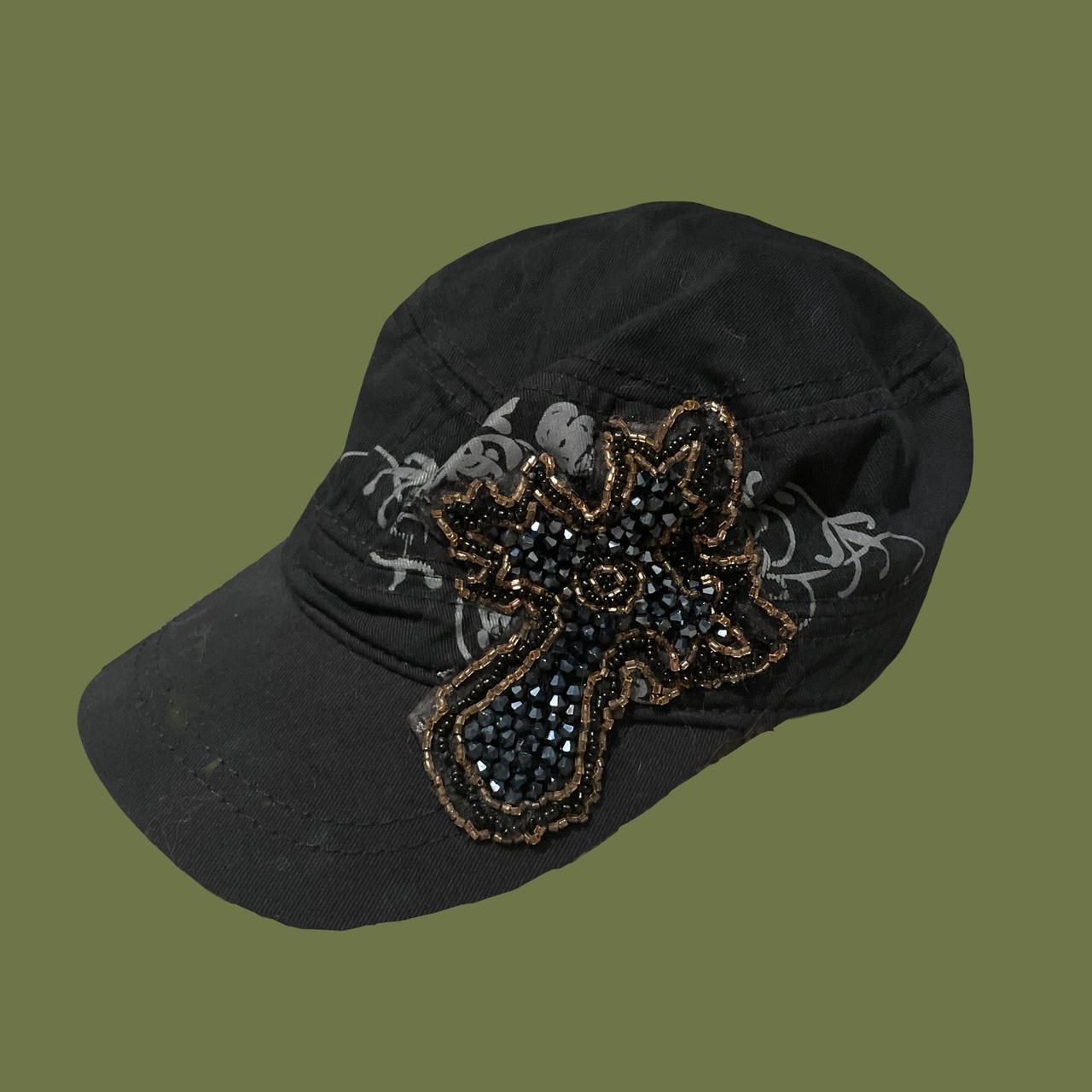 2000s inspired black hat with grey detail and a... - Depop