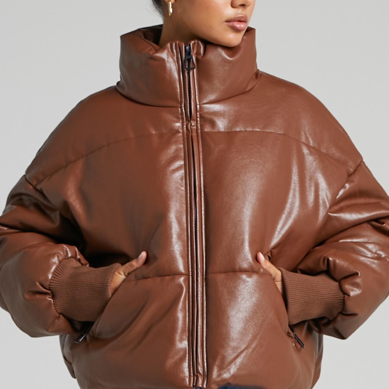 Brown leather puffer jacket - Depop