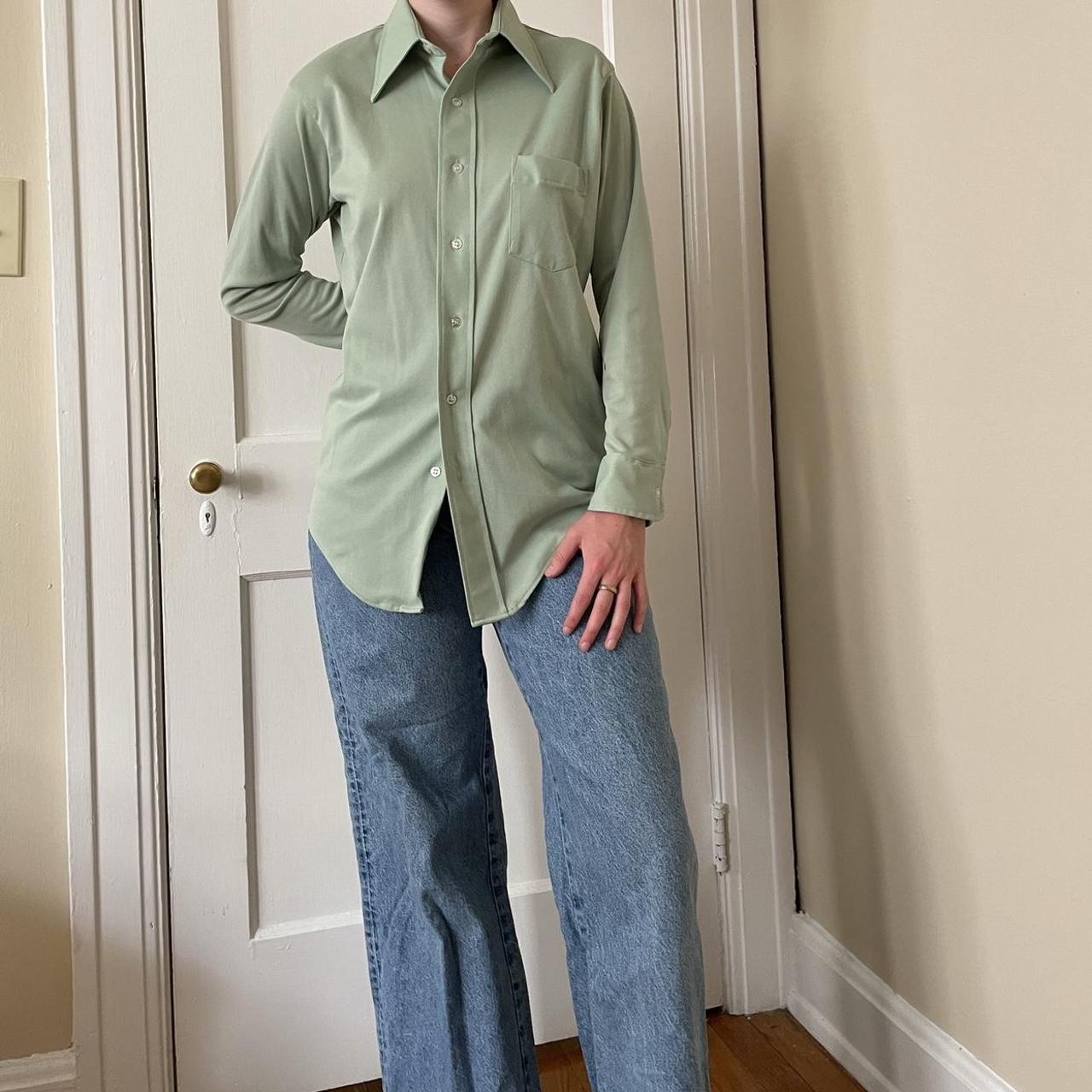 vintage 70s green button down top with pointed... - Depop