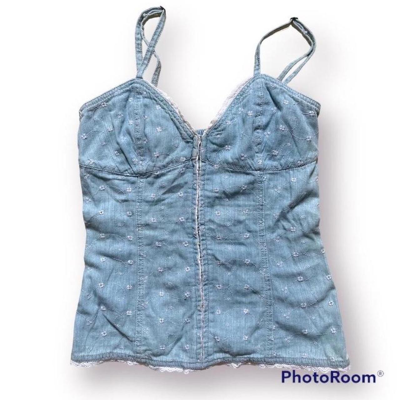 beautiful denim and white thread top, repop, free... - Depop