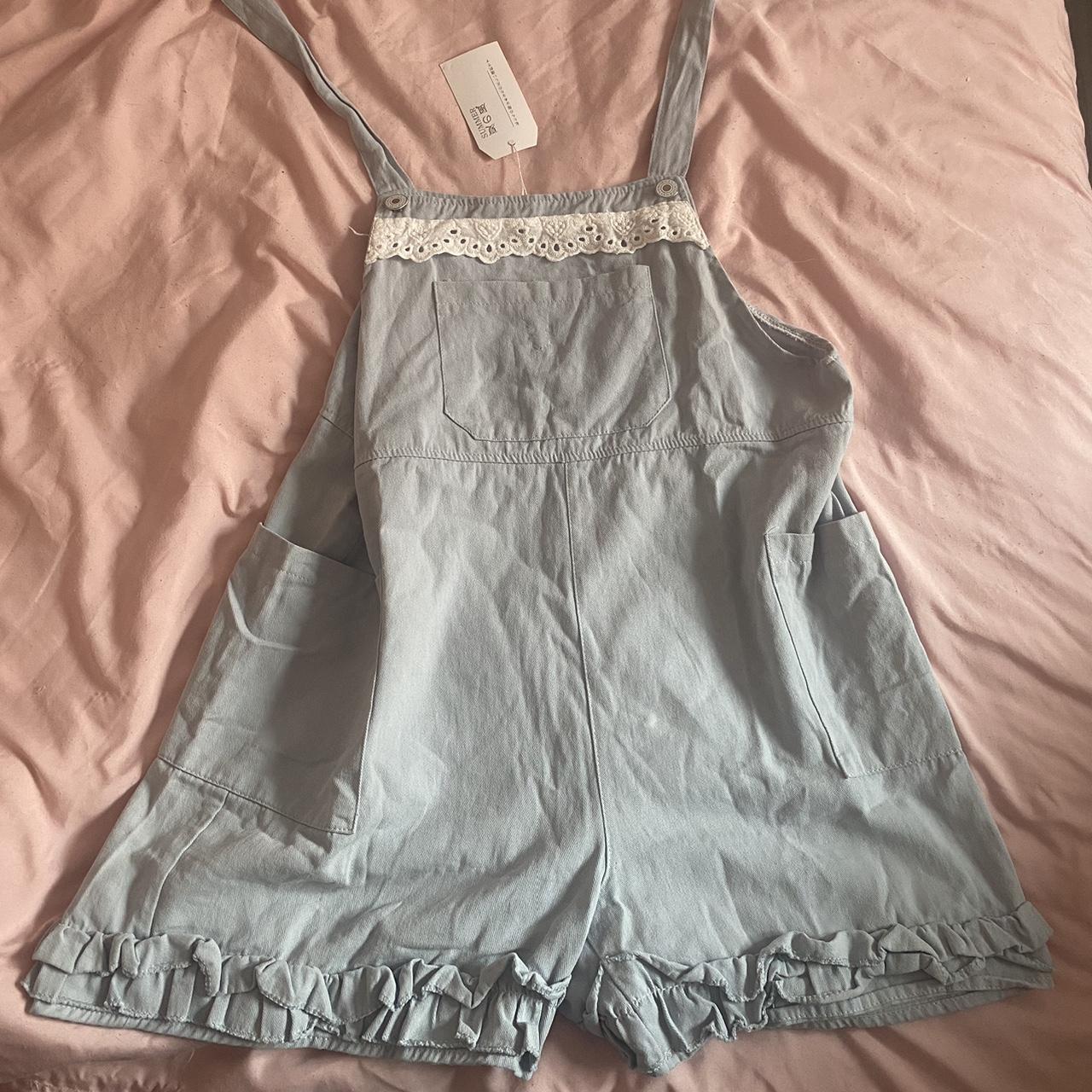 Blue and white ruffle overalls kawaii / cutecore /... - Depop