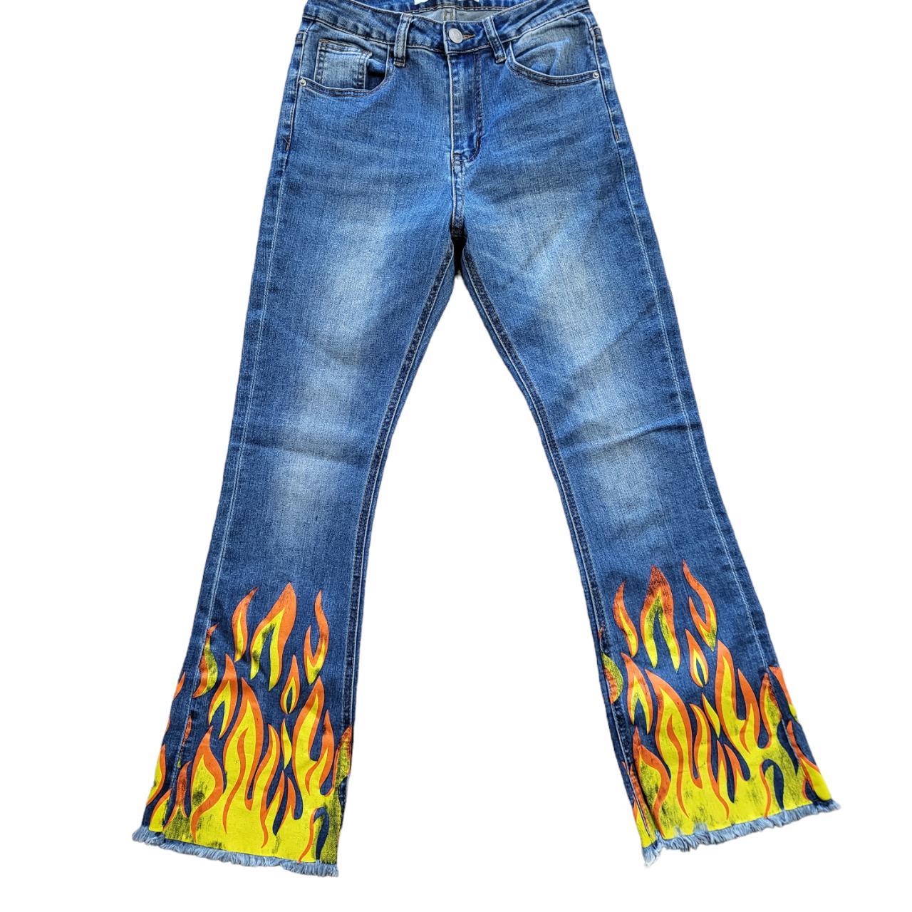 High Waist Blue Denim Flame Flare pants | Size... - Depop