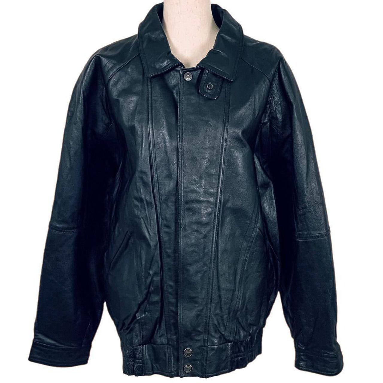 Picturing a Black Leather Vintage 90s Jacket by... - Depop