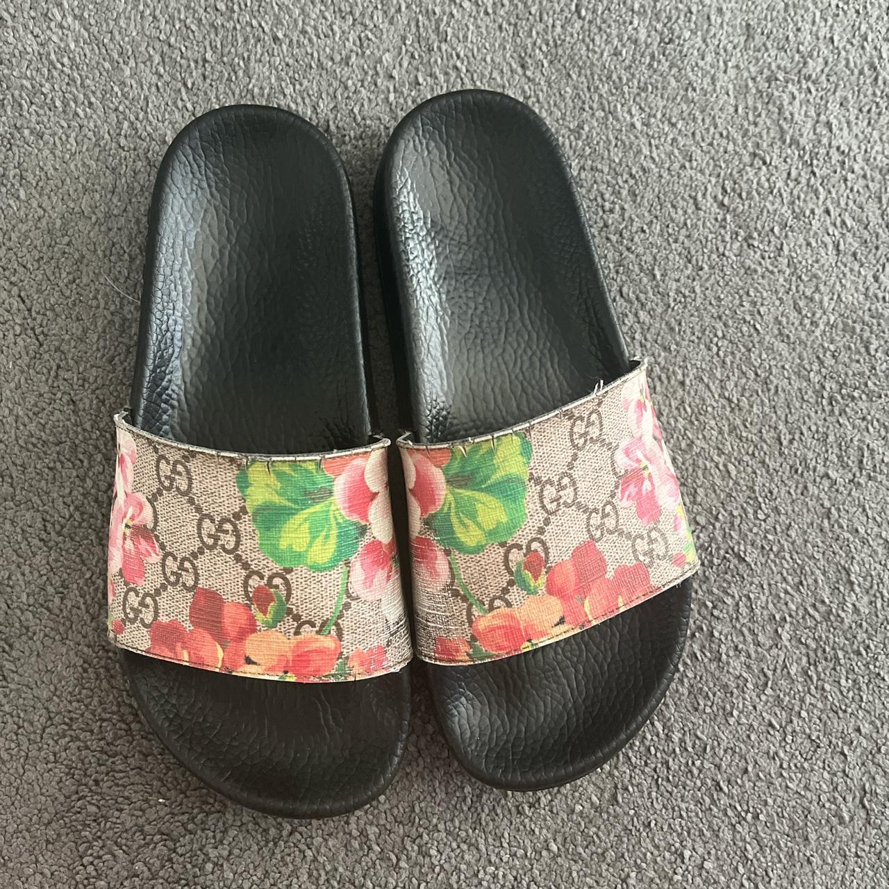 gucci floral sliders size 4 good condition, although... - Depop