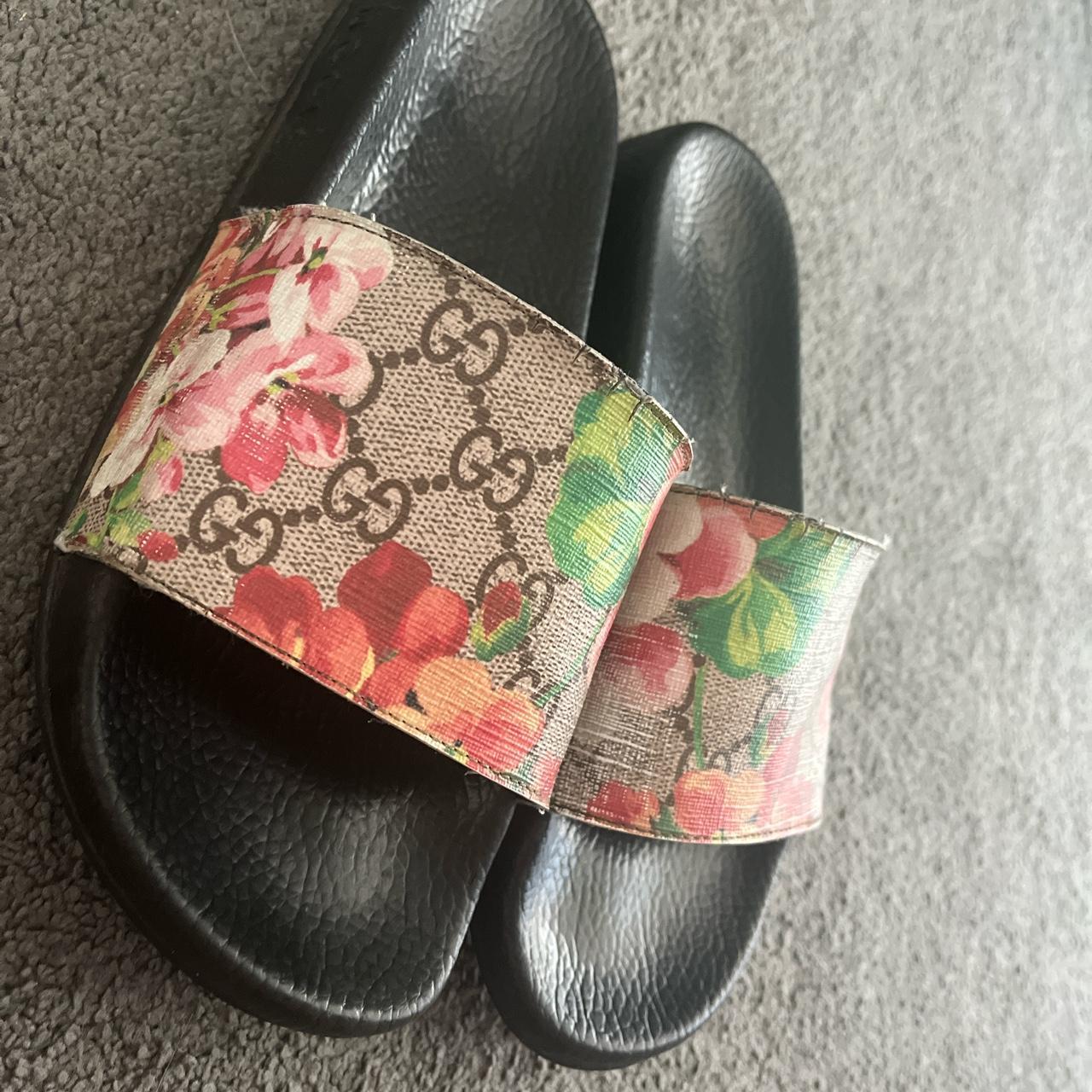 gucci floral sliders size 4 good condition, although... - Depop