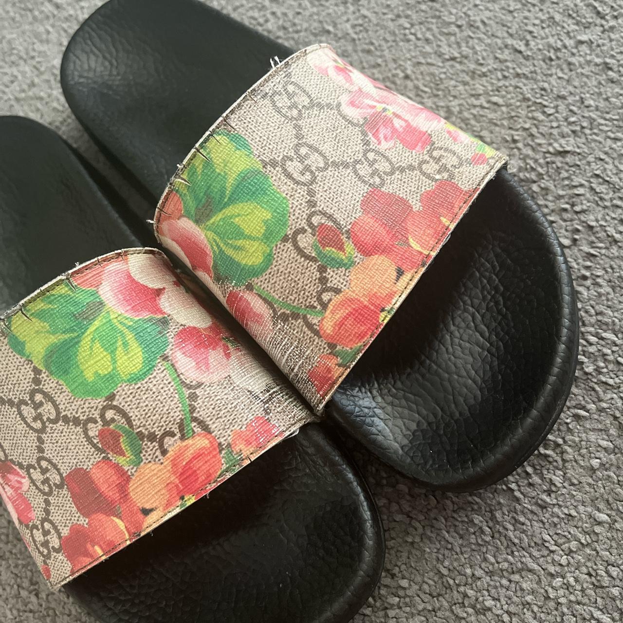 gucci floral sliders size 4 good condition, although... - Depop