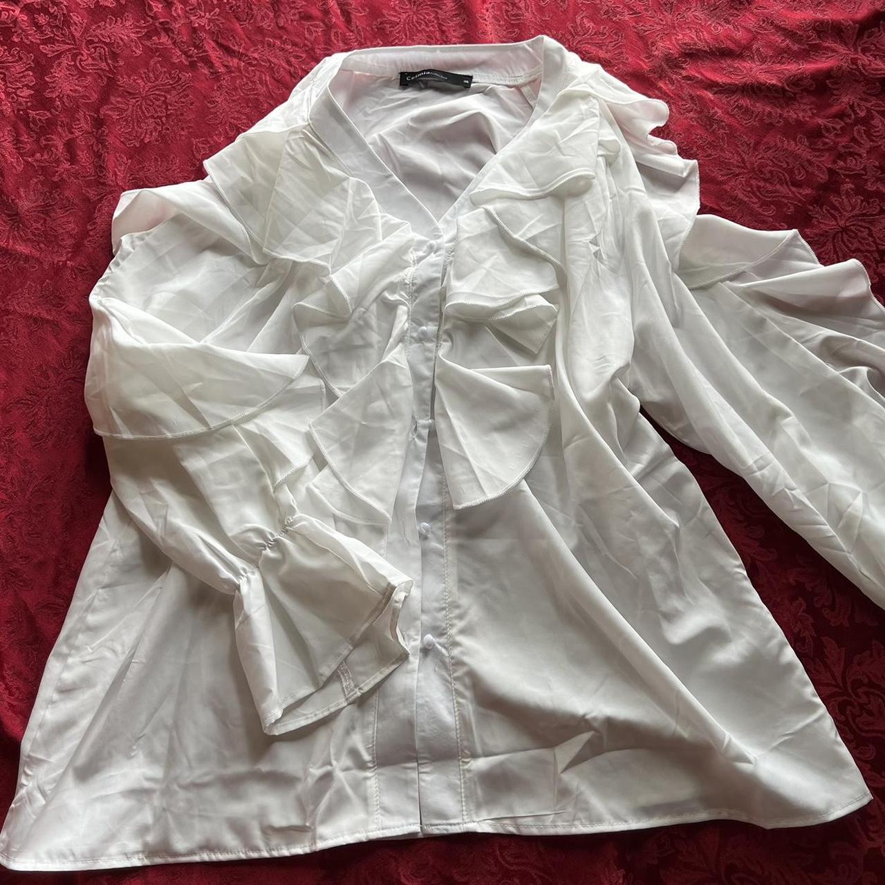 white frilly button up pirate blouse in size... - Depop