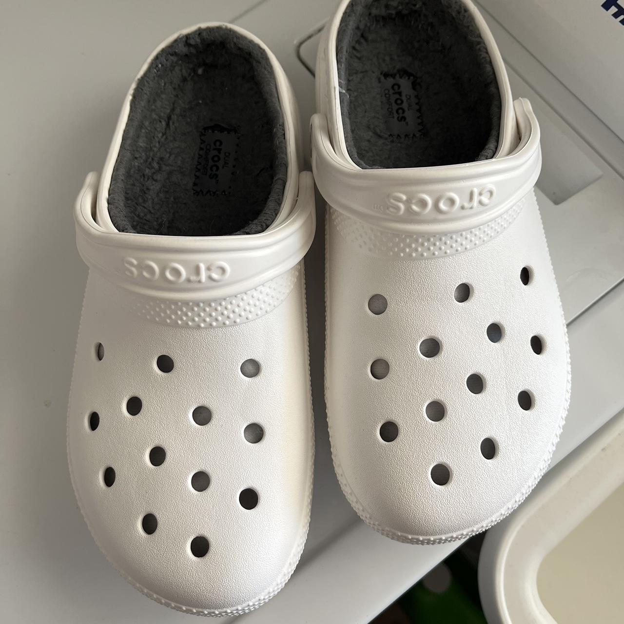 white fuzzy Crocs 🐇 - used w very minor scuffs on... - Depop