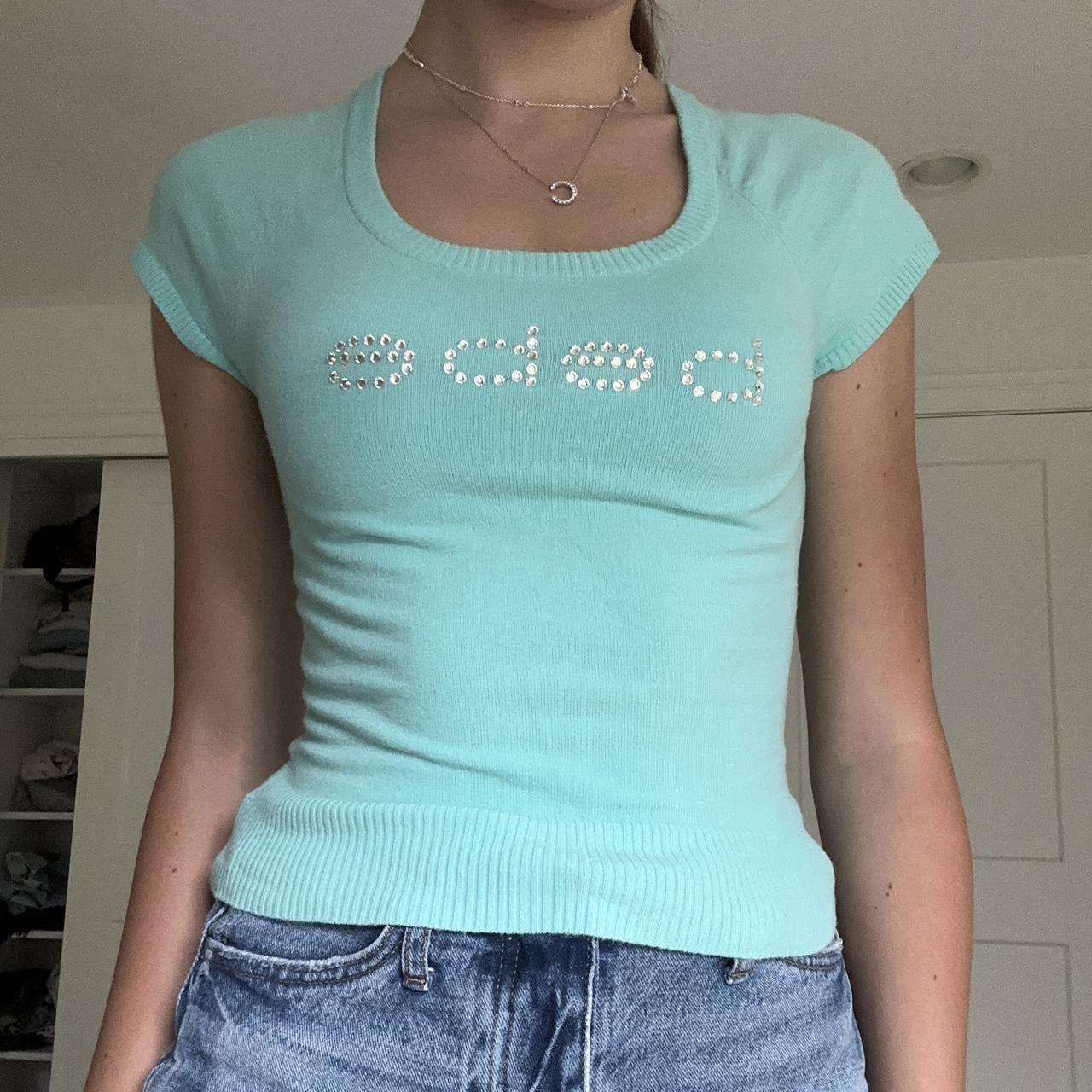 Bebe small short sleeve baby blue top with bedazzled... - Depop