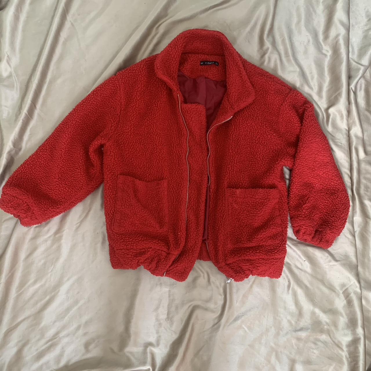 Red Teddy Bear Zip Up Coat 2 deep front pockets... - Depop