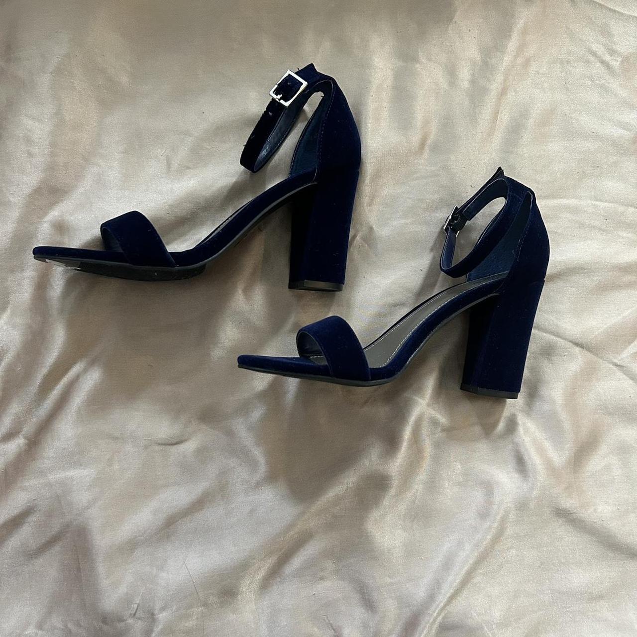 Dark Blue Velvet High Heels thick block 3 inch... - Depop