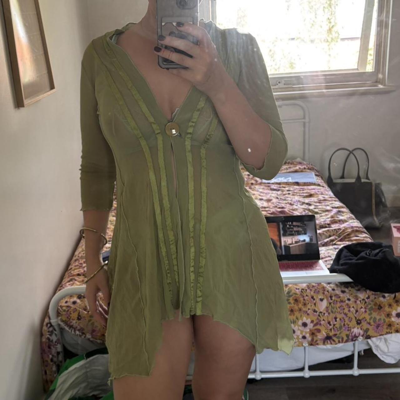 Green mesh top or beach throw over with ruffle... | Depop