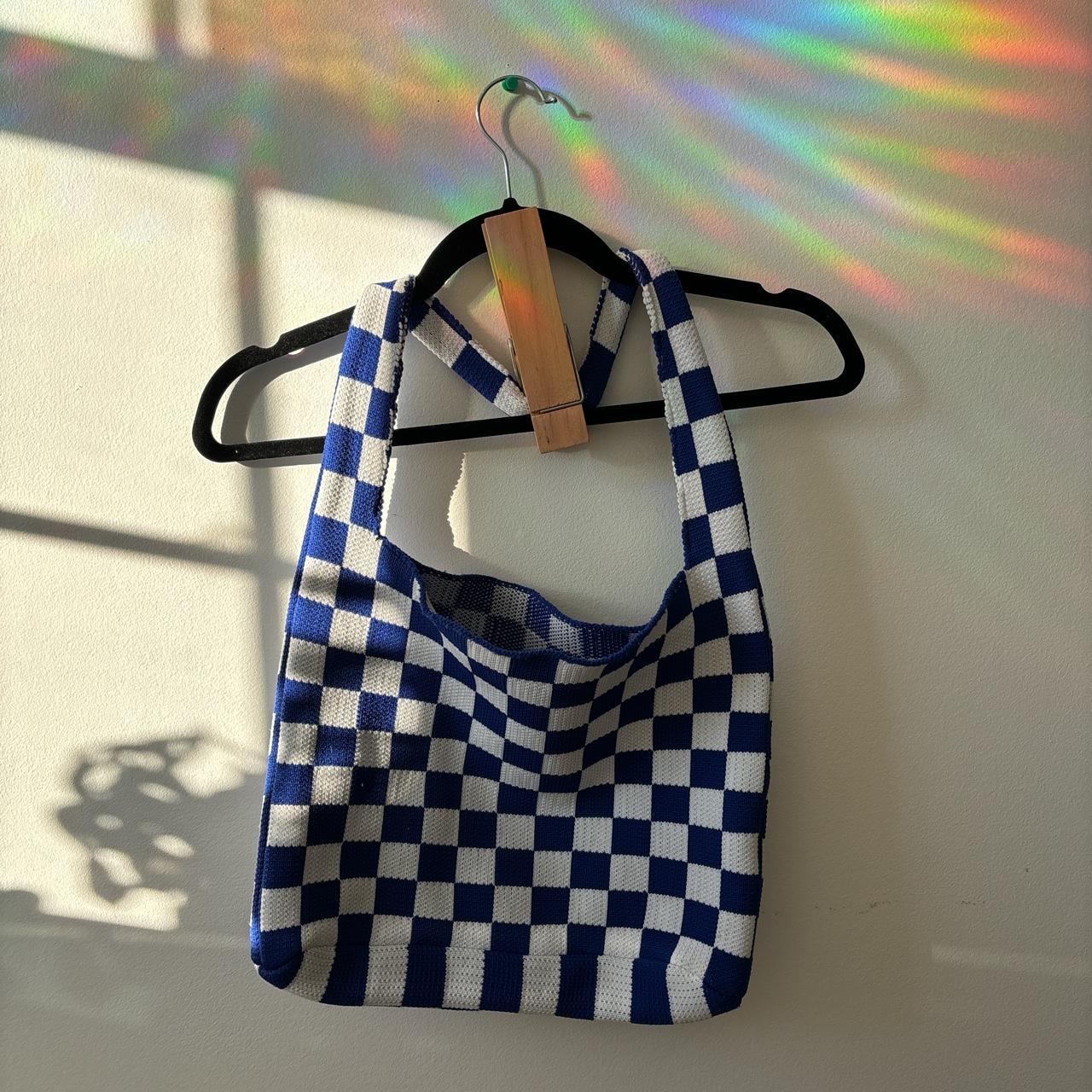 blue checkered knit bag - Depop