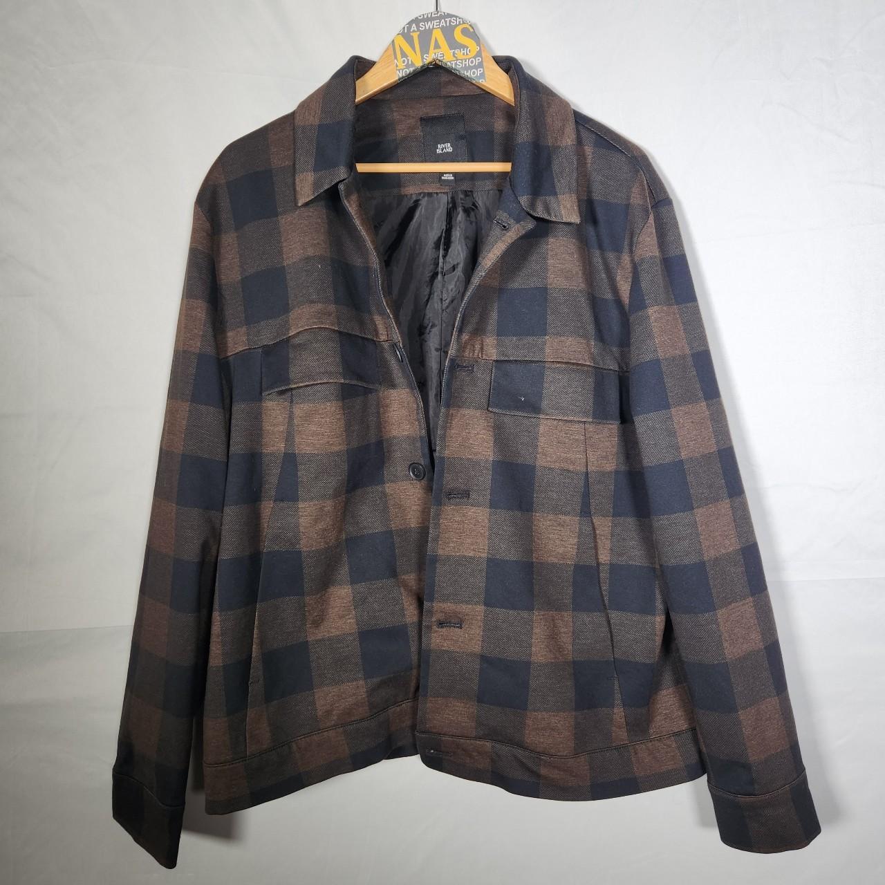 black brown check mens jacket river island size... - Depop