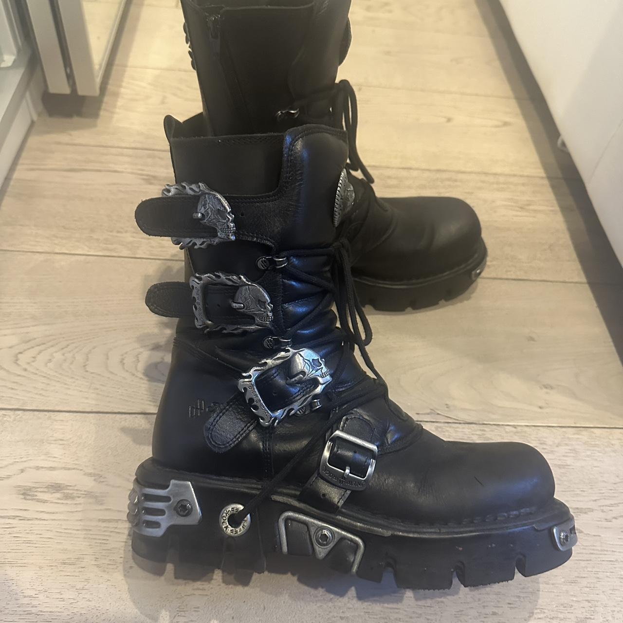 New Rocks Black leather biker boots with silver... - Depop