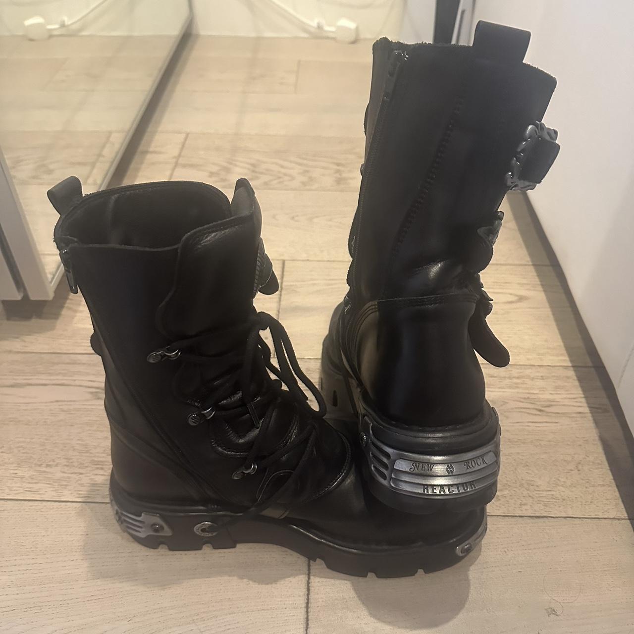 New Rocks Black leather biker boots with silver... - Depop