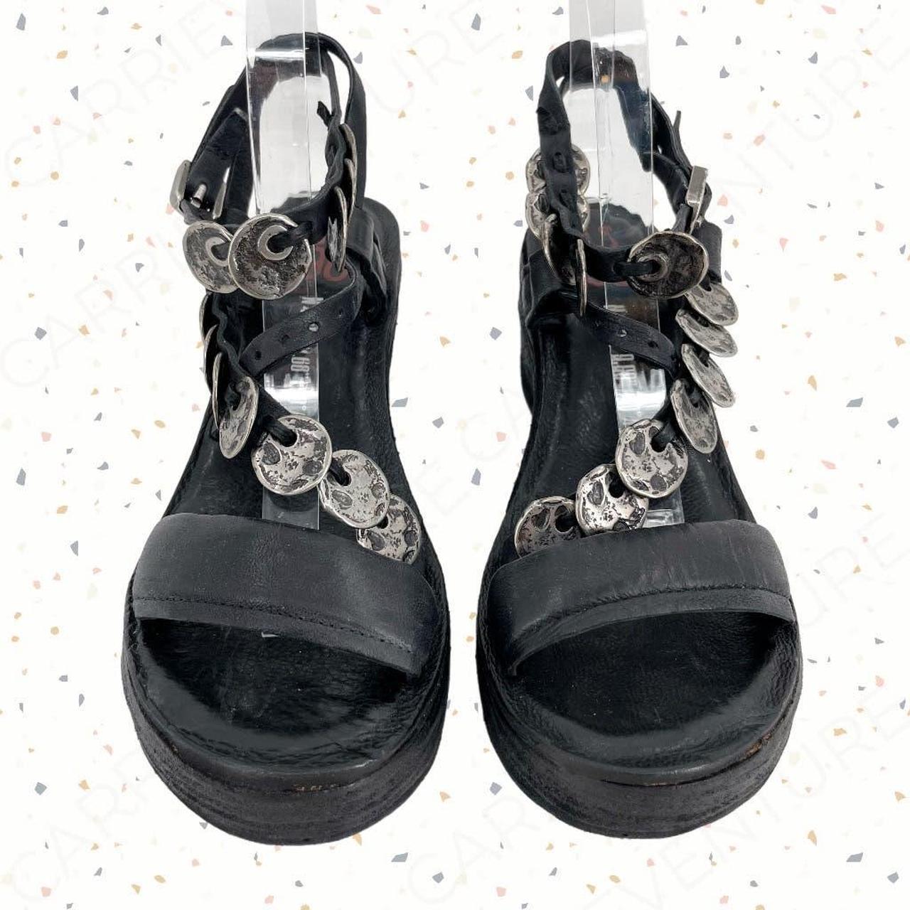A.S.98 AS98 Black Leather Wedge Sandals Silver Coins... - Depop