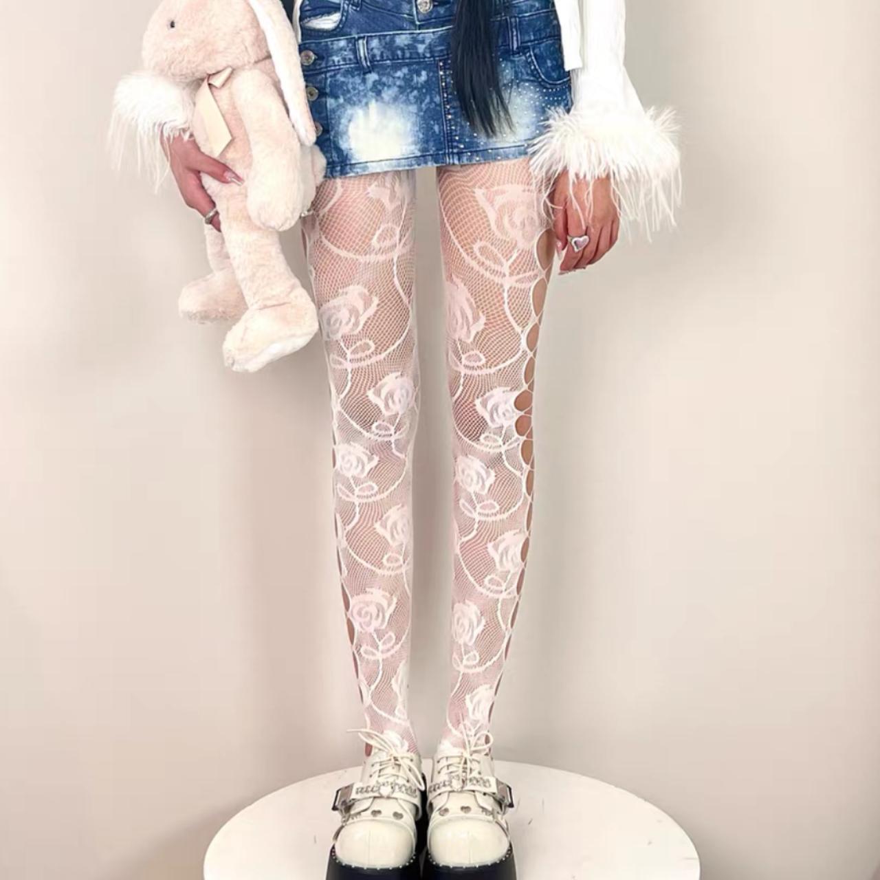 Poppy Puff💖 White Rose Lace Side Tights ⭐️ One size,... - Depop