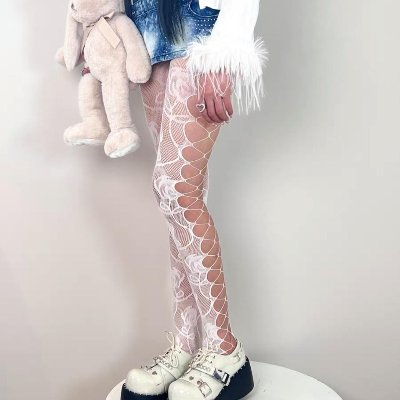 Poppy Puff💖 White Rose Lace Side Tights ⭐️ One size,... - Depop