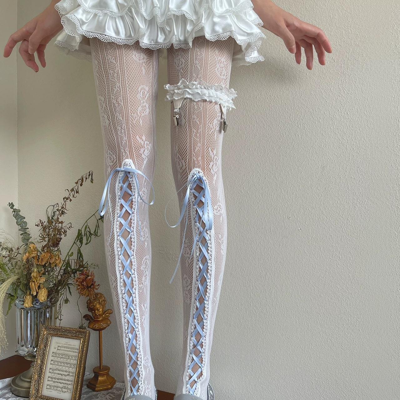 Poppy Puff💖 White Lace-Up Lolita Tights – Sheer... | Depop
