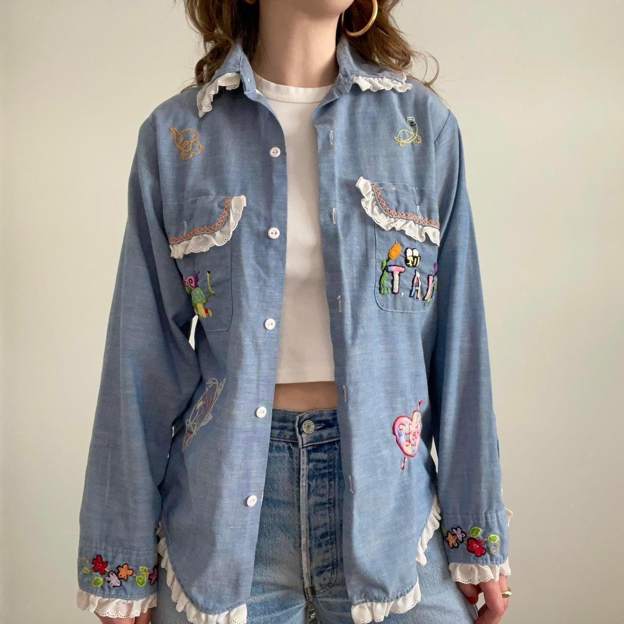 Vintage Embroidered Button Up 70s button down... - Depop