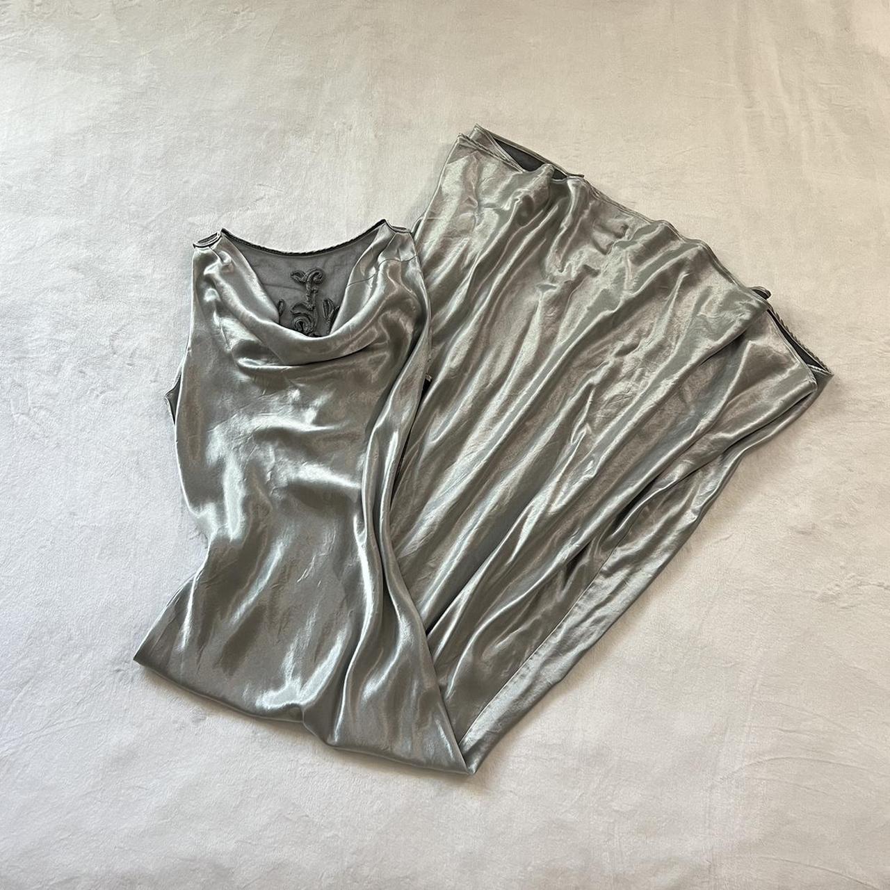 vintage y2k satin prom dress metallic silver color... - Depop