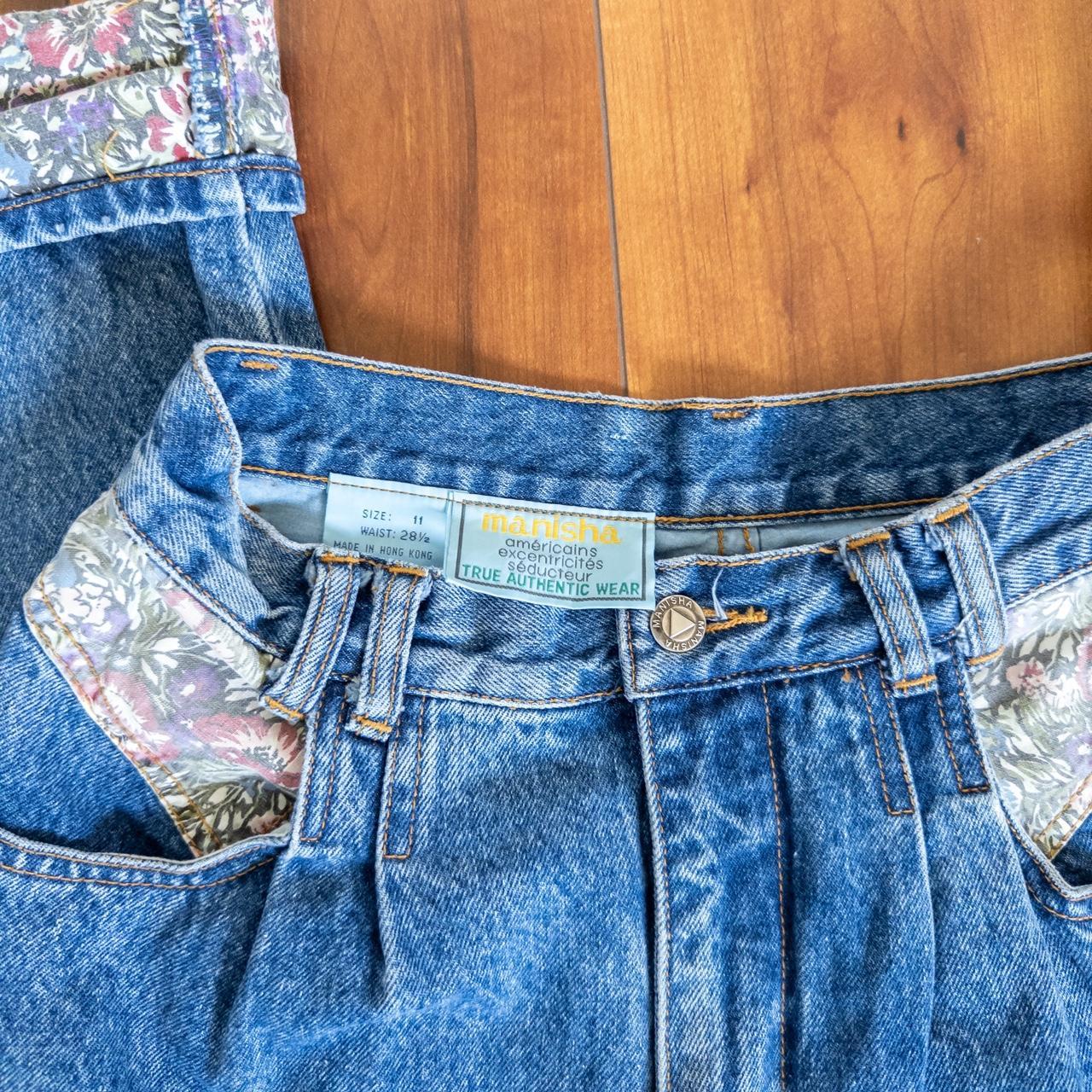 Manisha Vintage Floral Accent Denim Blue Jeans... - Depop