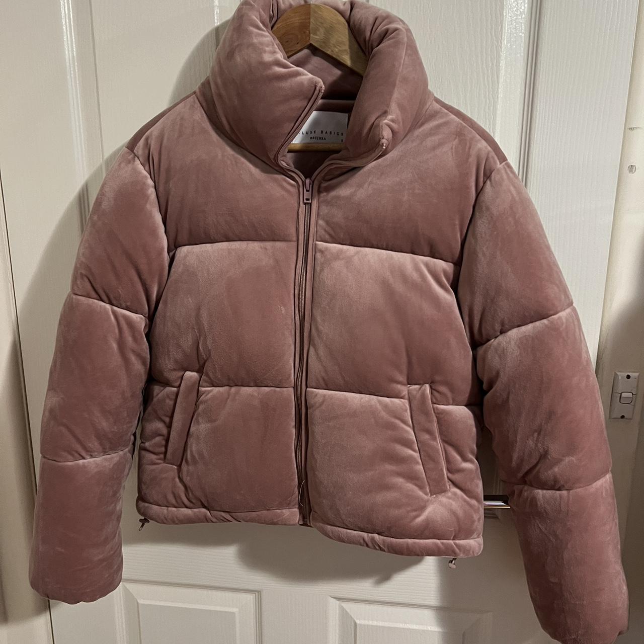 Decjuba - Pink Velvet Puffer Size: Small... - Depop