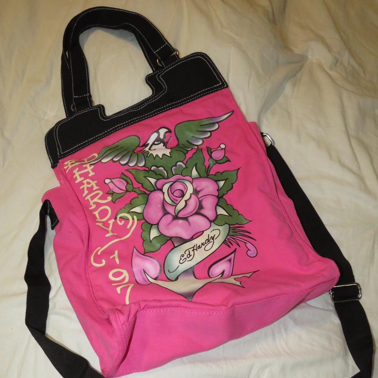 Ed hardy pink bag with black accents and pink rose... - Depop