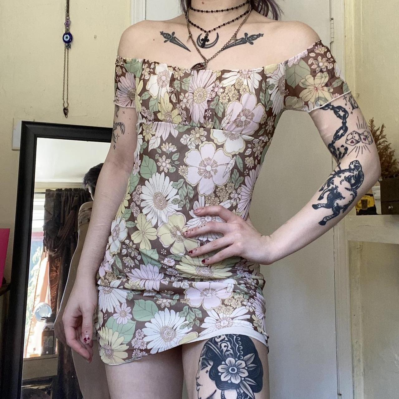 Floral off the shoulder dress with mesh layer and... - Depop