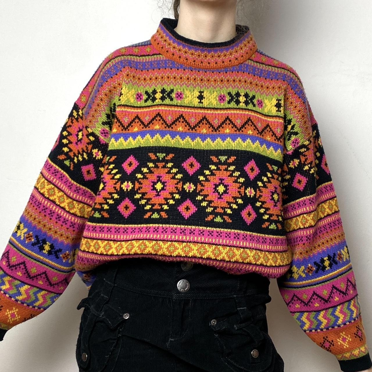 Vintage 80s jumper in colorful patterns. Made of... - Depop
