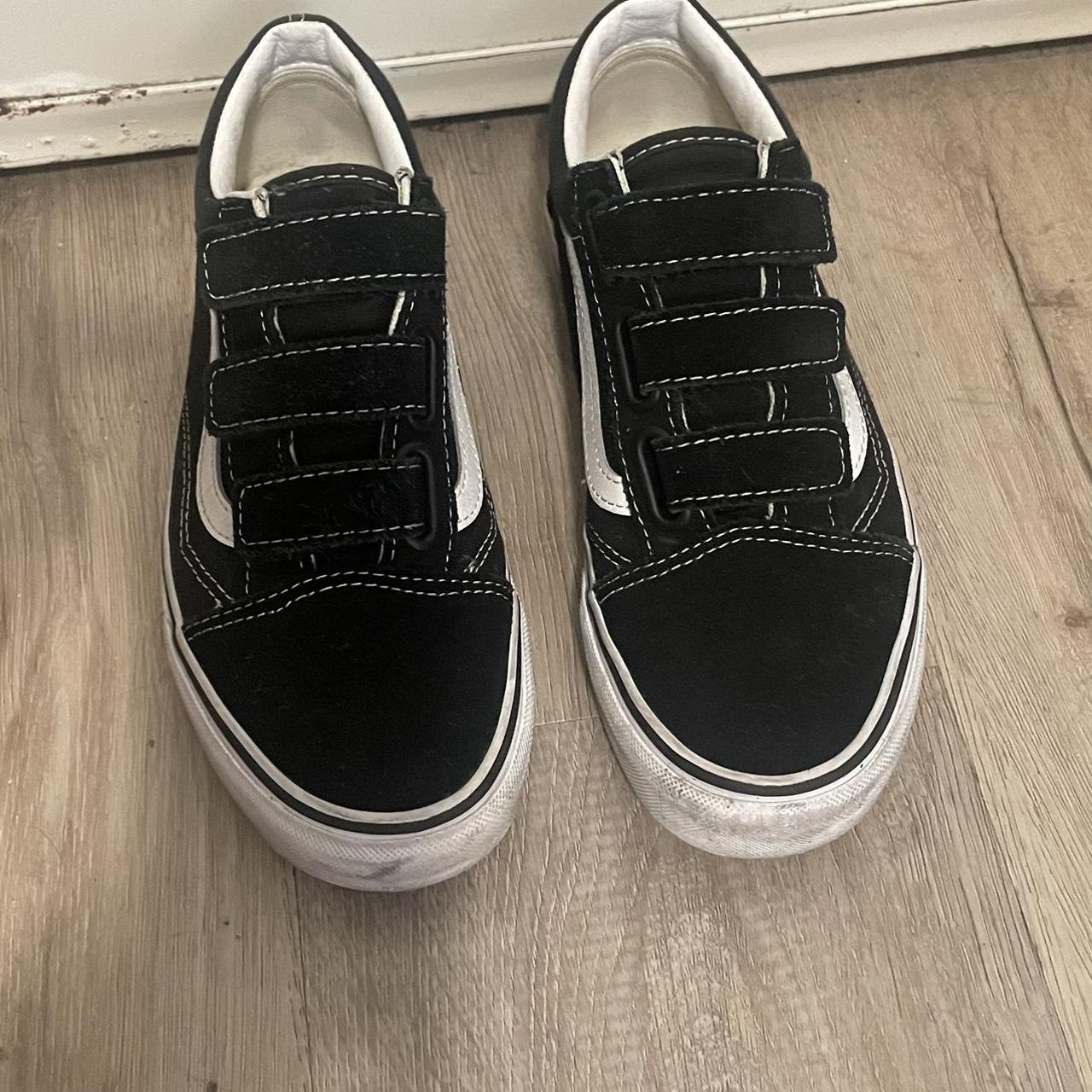 Black and White Old School Velcro Vans size 6.5... - Depop