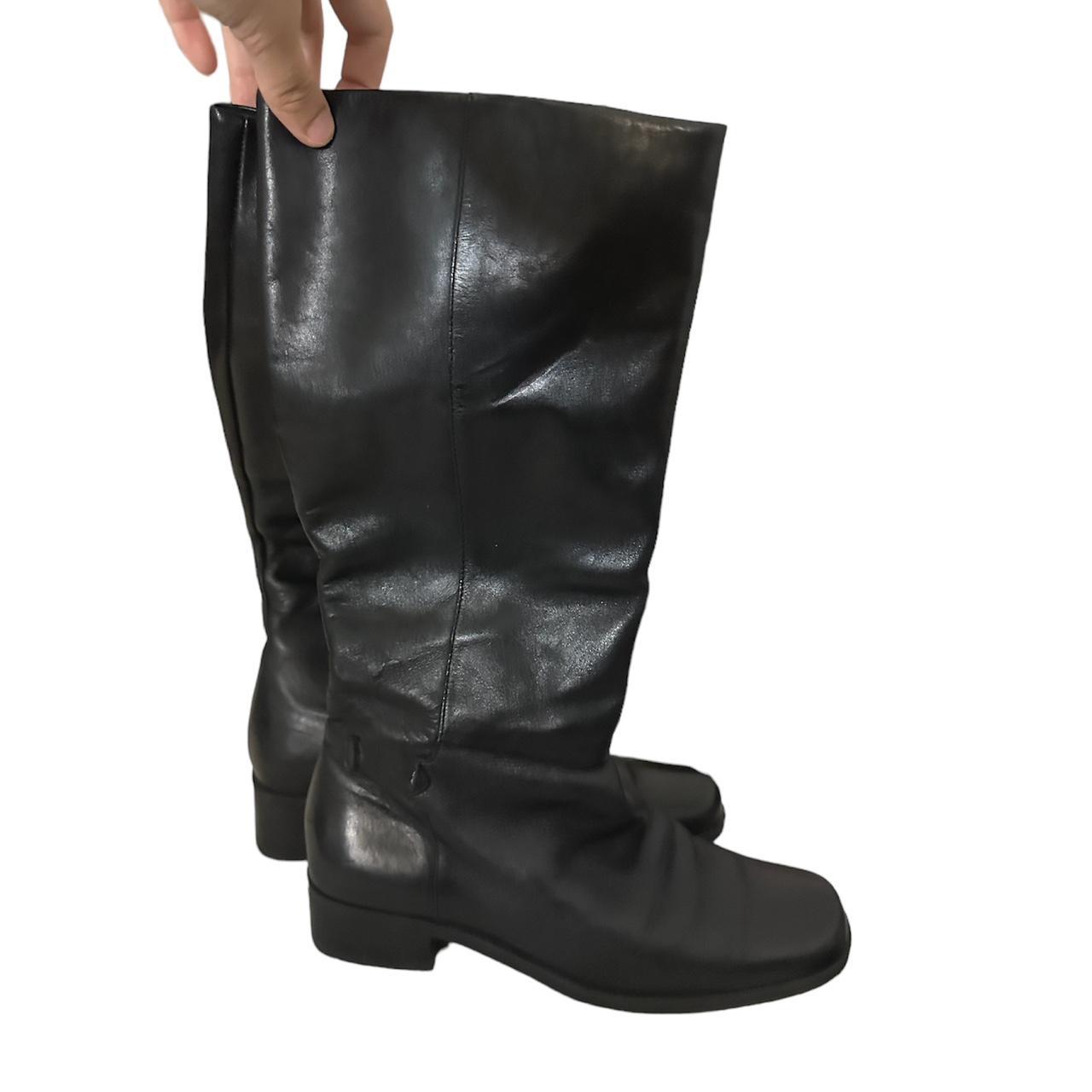 square toe mid calf knee high mini heel leather... - Depop