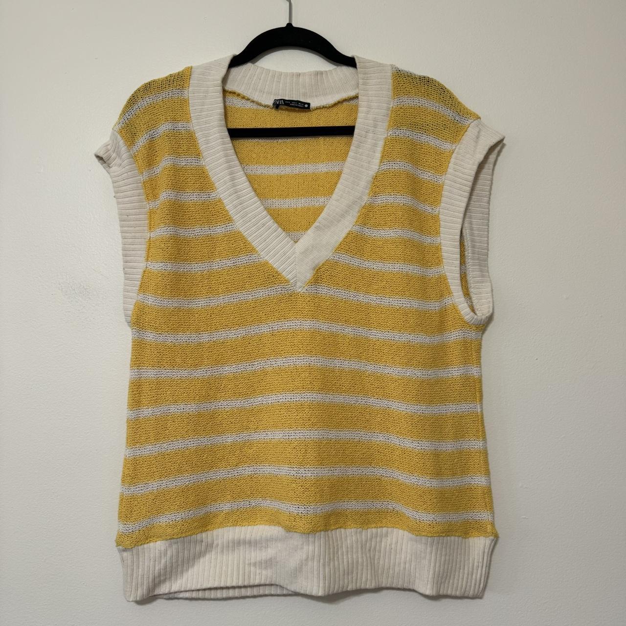 Zara Yellow and Cream Striped Sweater Vest Oversized... - Depop