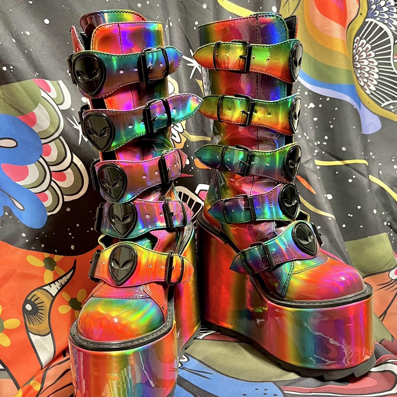 YRU Rainbow Alien Creeper Rave Boots 🌈 6” heel 2... - Depop
