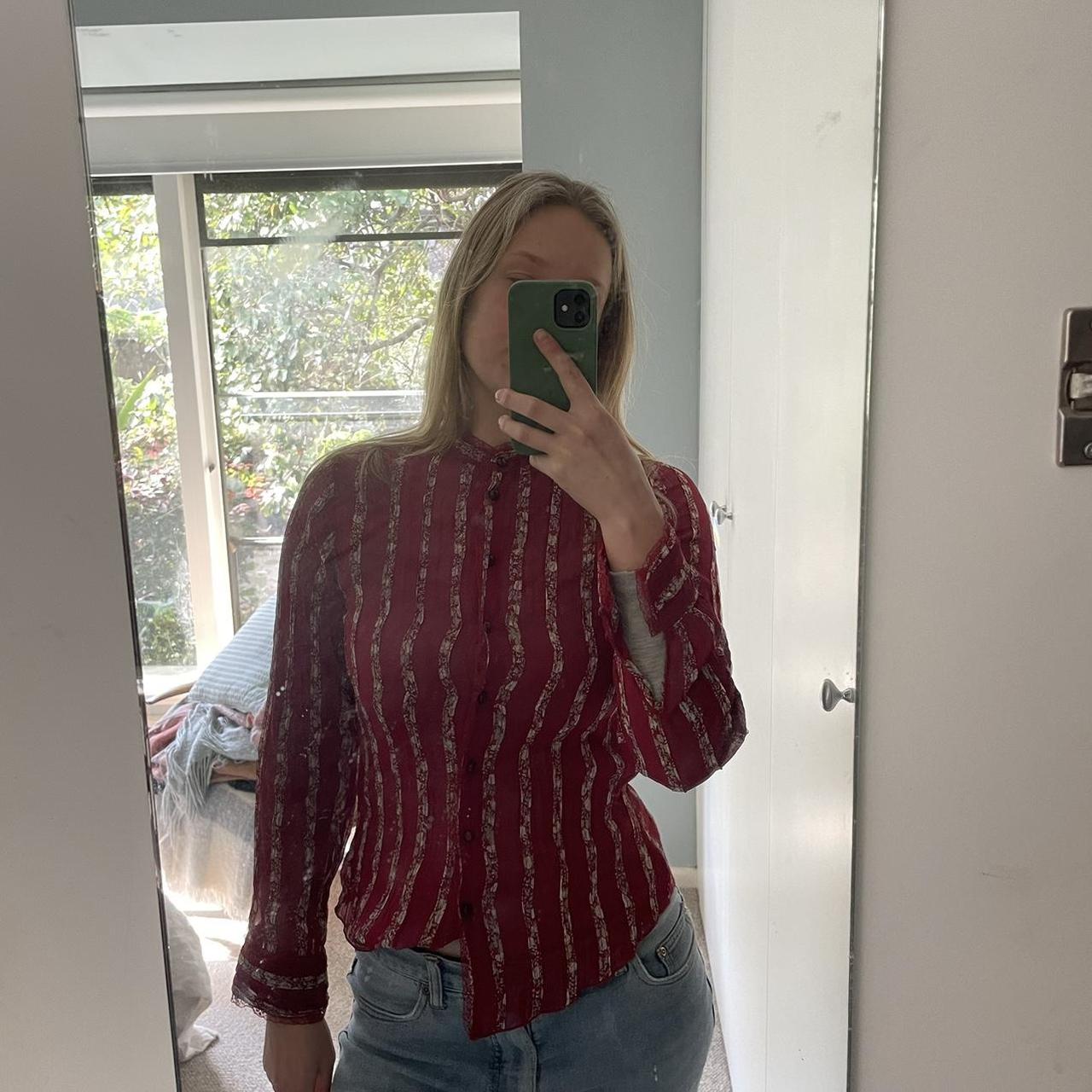 Gorgeous sheer button up blouse Red with floral... - Depop