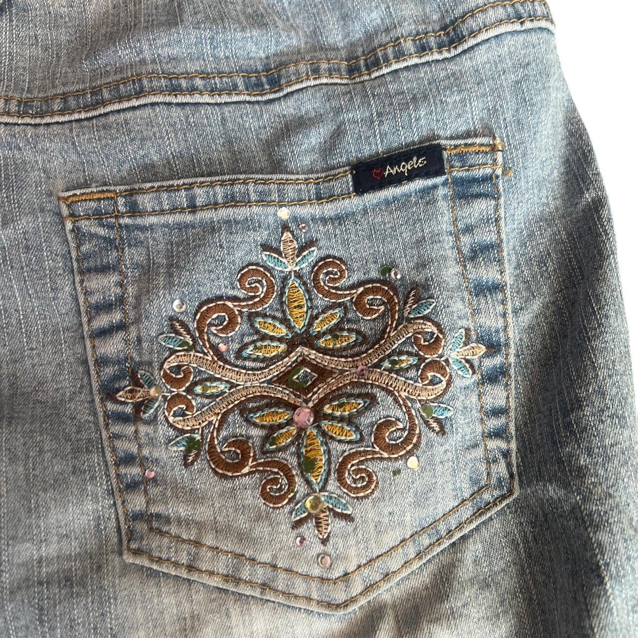 Embroidered blue denim capris #y2k... | Depop