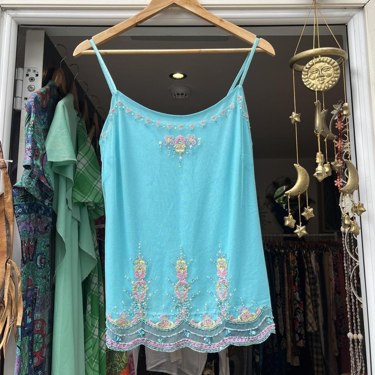 90s 00s Turquoise embellished mesh top by Oasis size... - Depop