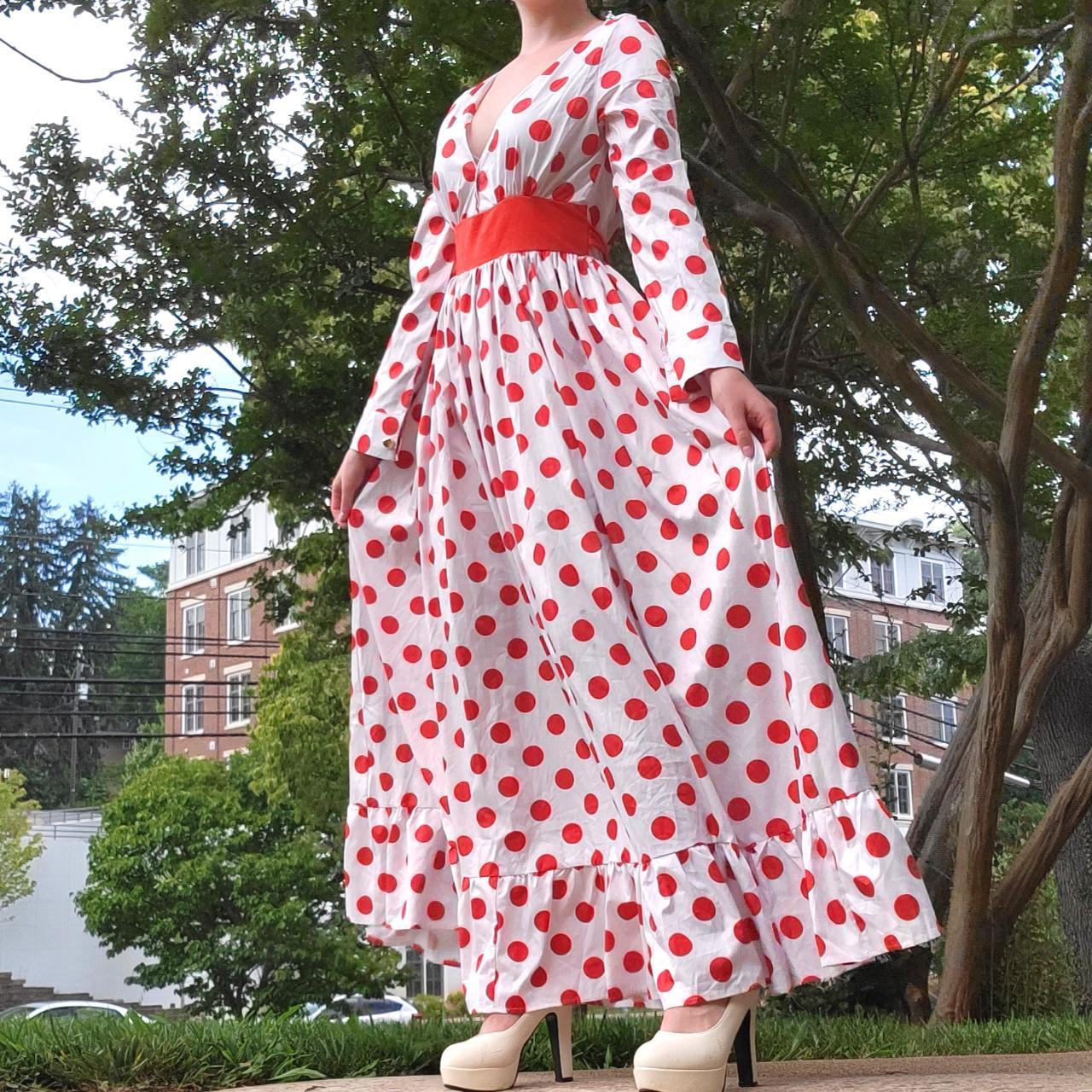 retro styled maxi dress with red polka dots... - Depop