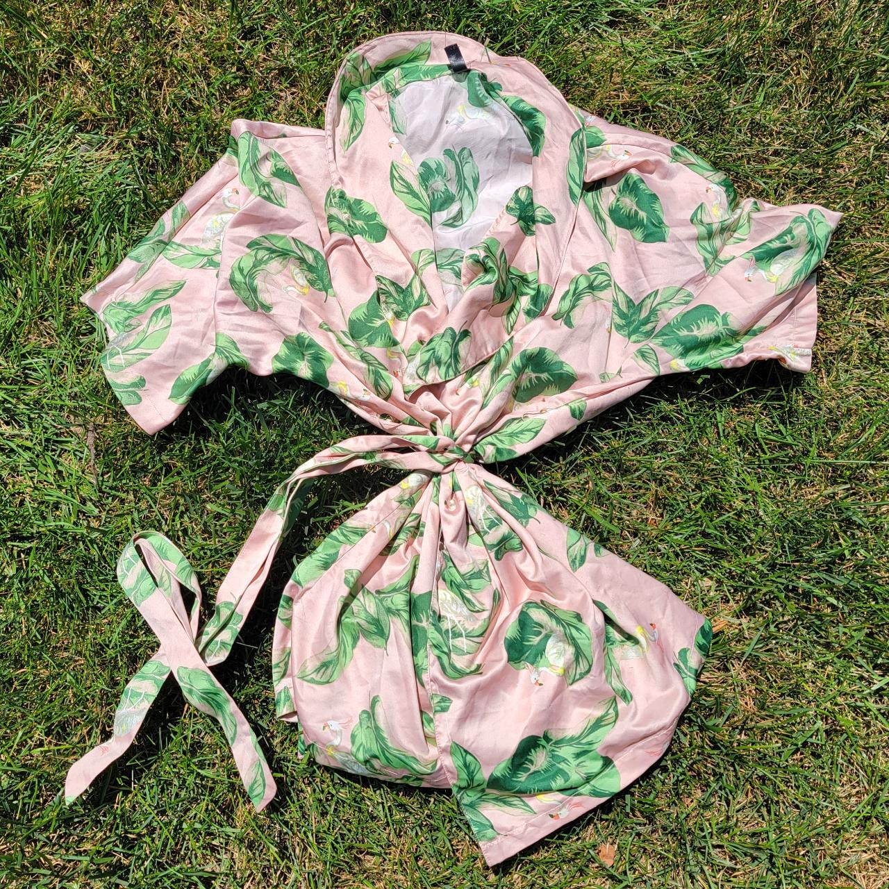 satin tropical pink and green robe with flamingos... - Depop