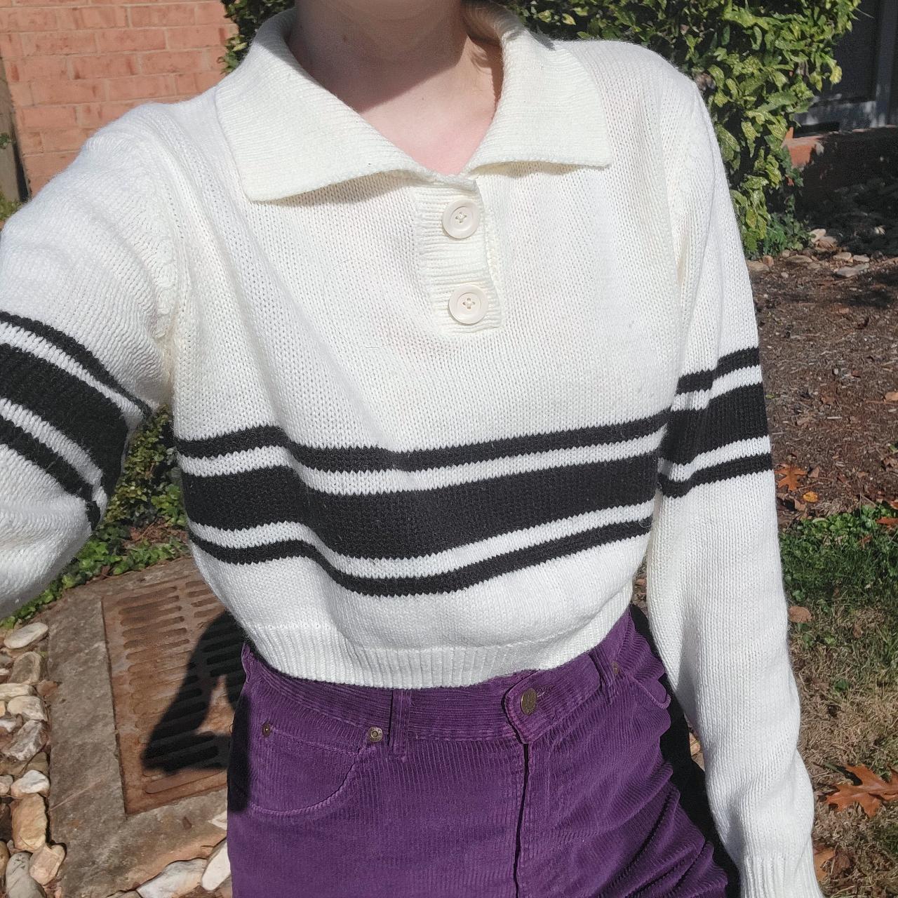 white cropped retro collared sweater with black... - Depop