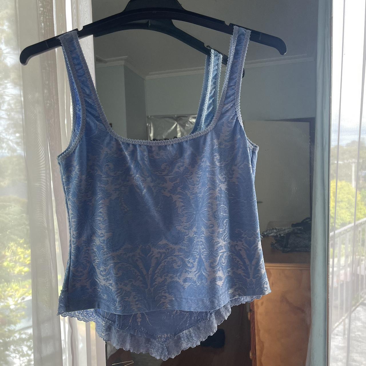 Blue and silvery/pearl corset style top - Lacey trim... - Depop