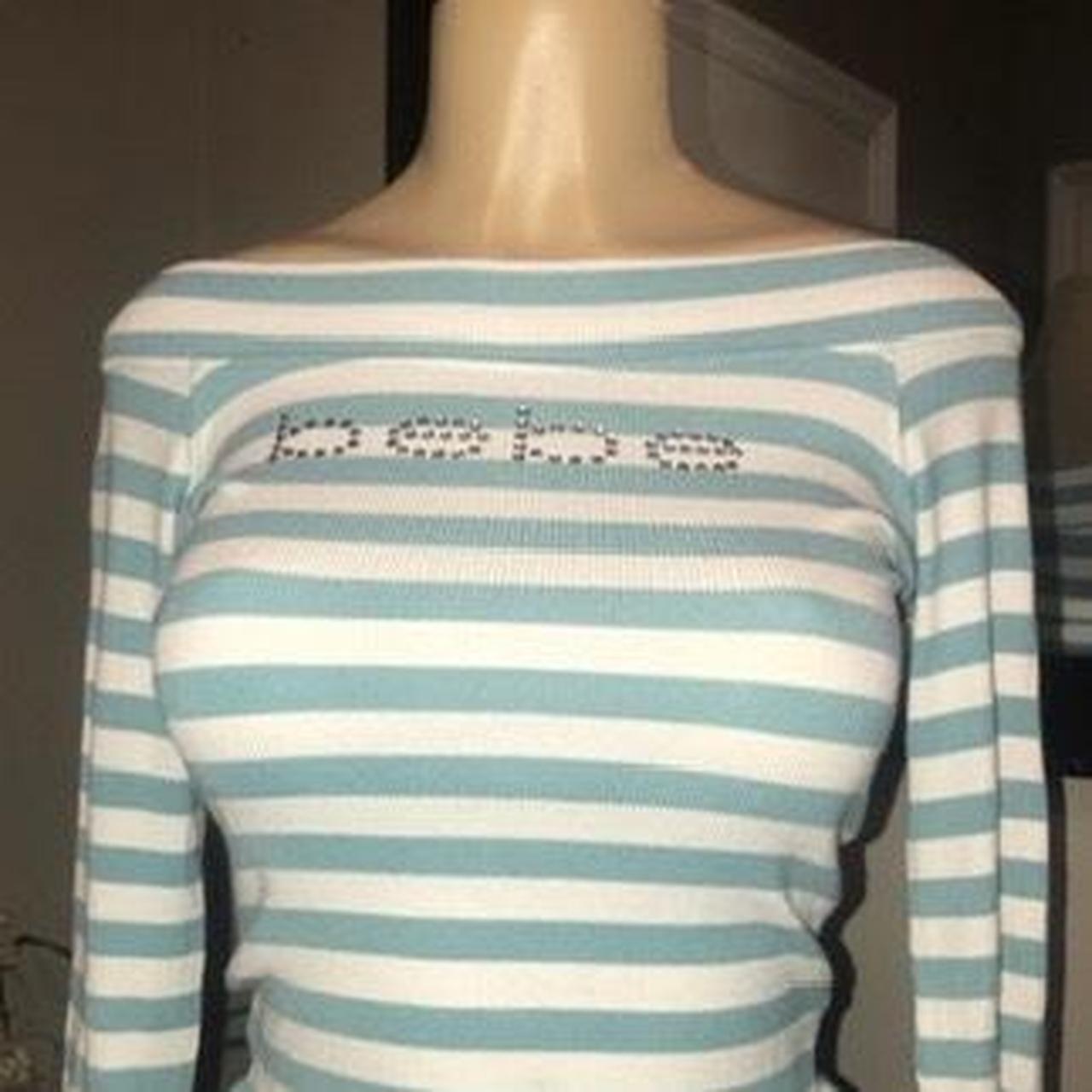 Blue and white striped Bebe top with crystal... - Depop