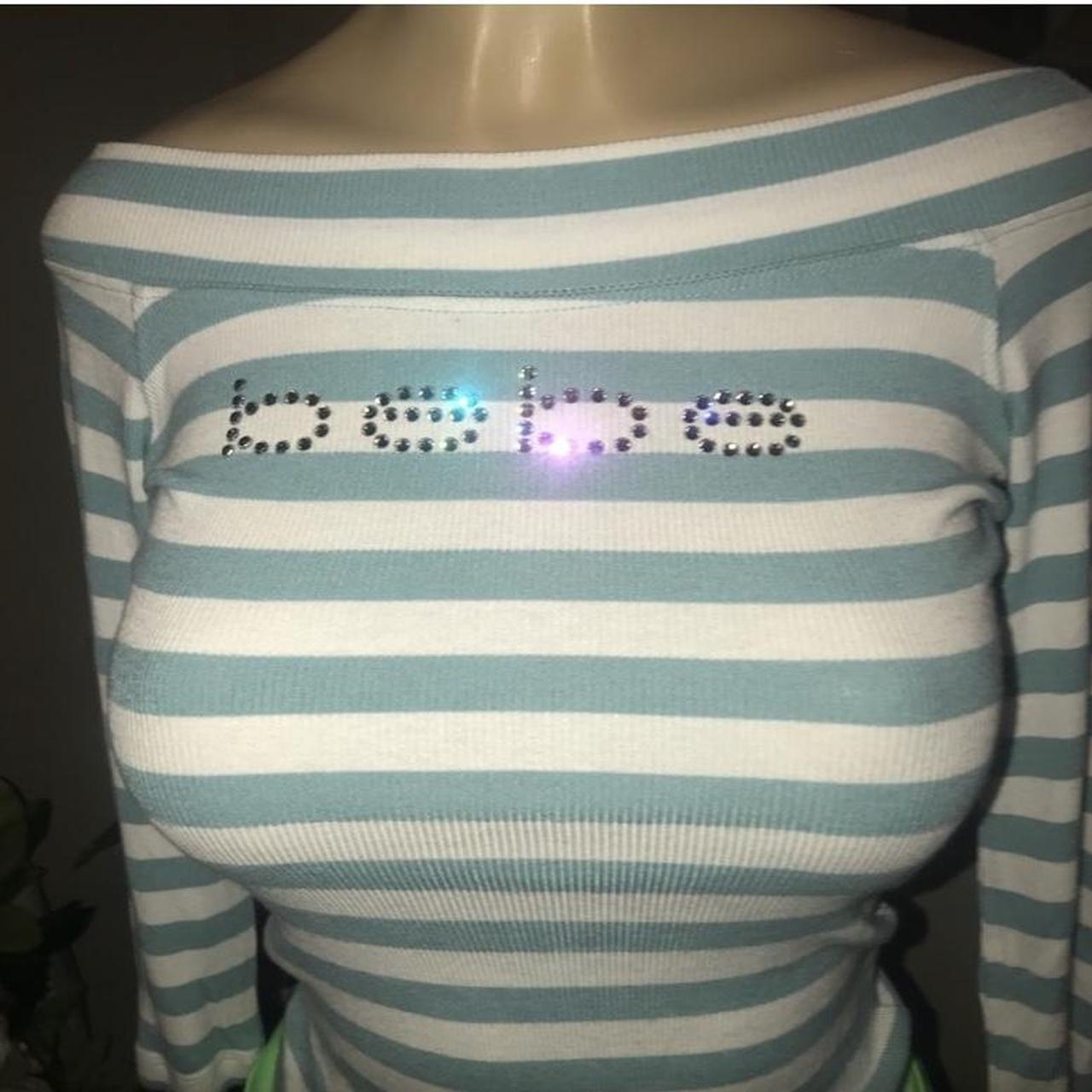 Blue and white striped Bebe top with crystal... - Depop