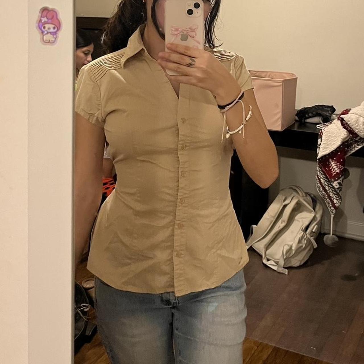 y2k tan button up shirt 💗 women’s size xs... - Depop
